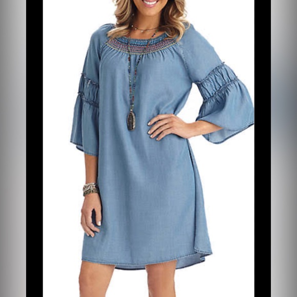 Democracy | Dresses | Democracy Boho Smock Neck Dress Blue Chambray ...